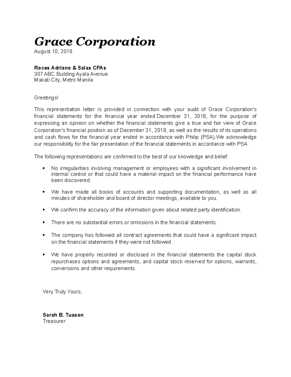 Representation Letter - We acknowledge our responsibility for the fair ...