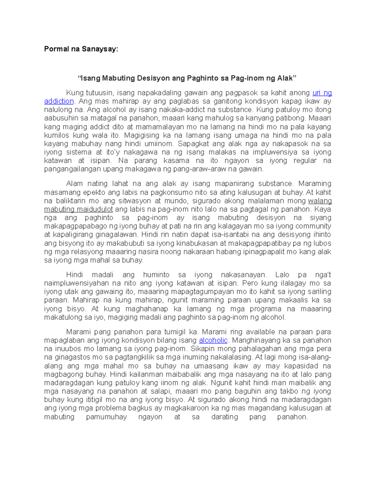 Pormal na sanaysay - Proposal for a formal sentence in Filipino - Studocu