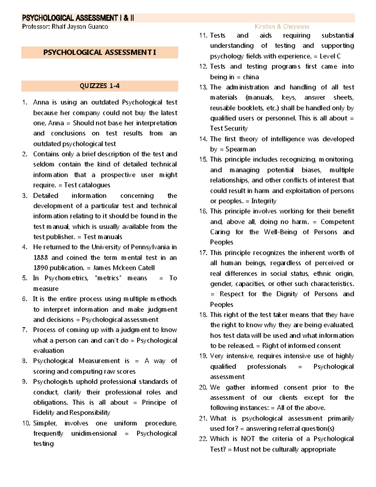 Psychological Assessment 1 2 Compilation - Professor: Rhalf Jayson ...