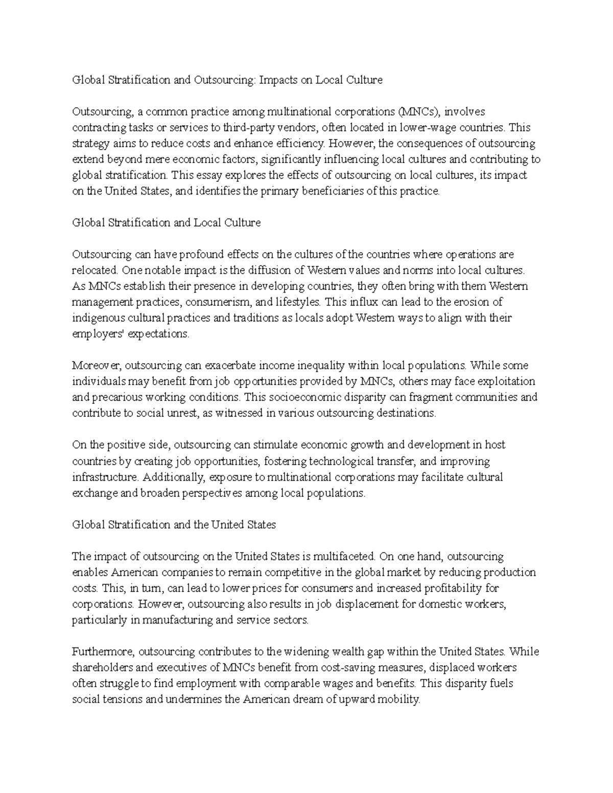 Global Stratification and Outsourcing Impacts on Local Culture - Global ...