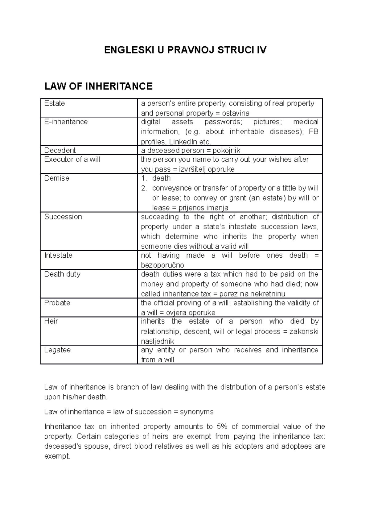 Eng kolokvij - ENGLESKI U PRAVNOJ STRUCI IV LAW OF INHERITANCE Estate a ...