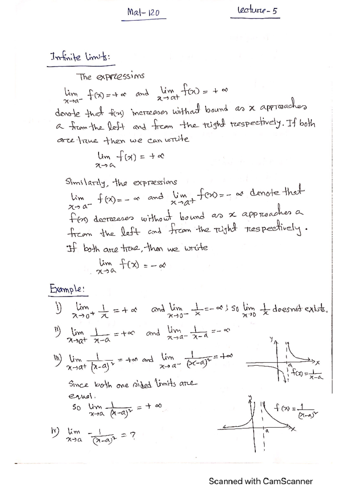 Lecture 5 - summary notes - Mat 120 Infinite limits: The expressions ...