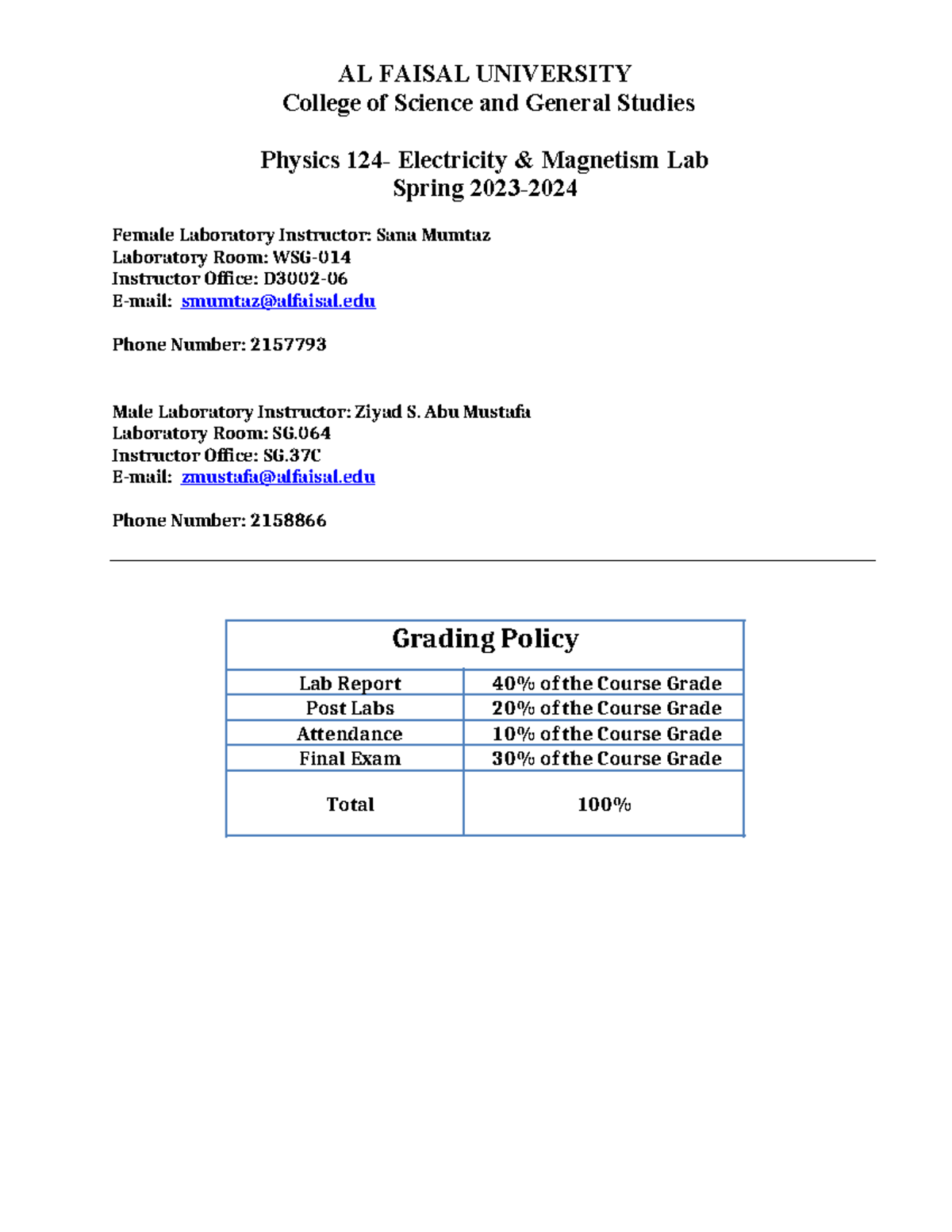 00 PHU 124-Syllabus-Spring 2023-2024 - AL FAISAL UNIVERSITY College of ...