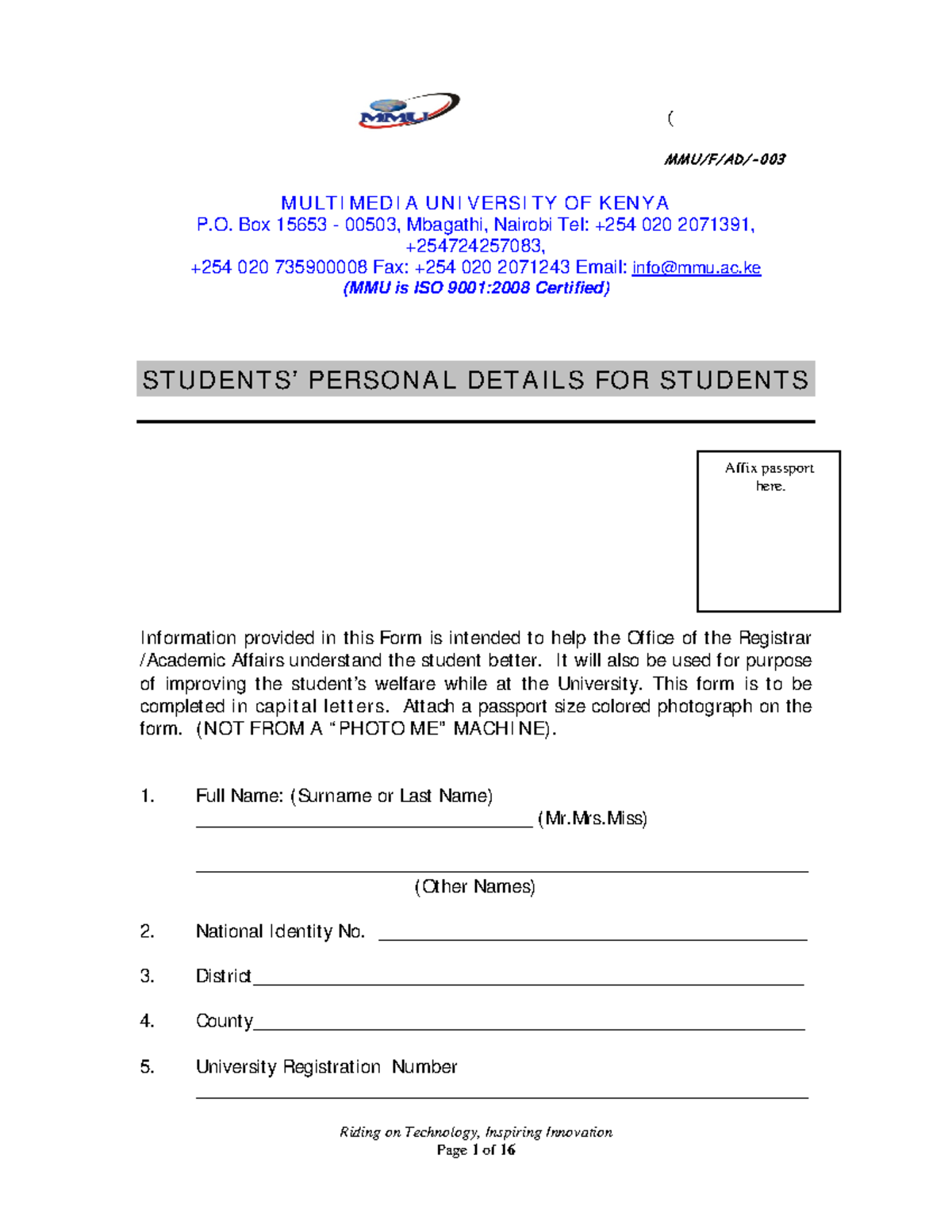 Student - Riding on Technology, Inspiring Innovation ( ####### MMU/F/AD ...