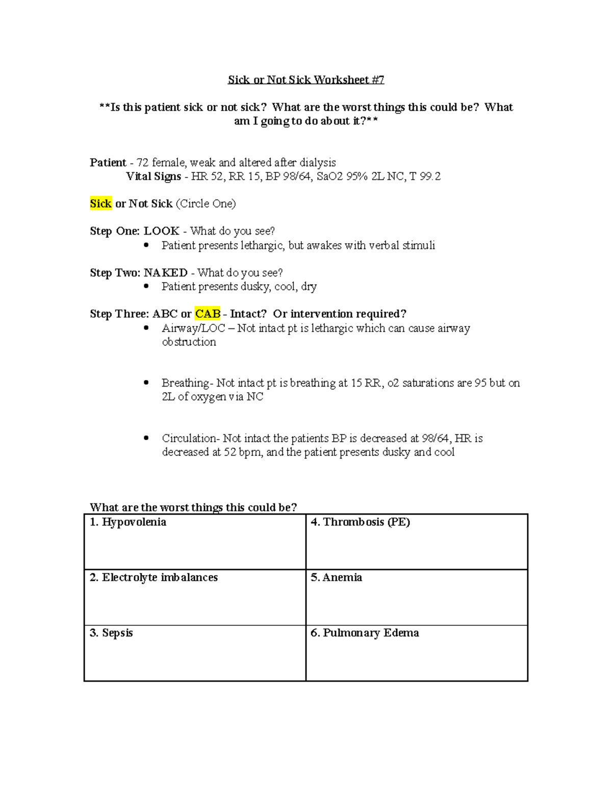 Sick or Not Sick Worksheet 7 - Sick or Not Sick (Circle One) Step One ...