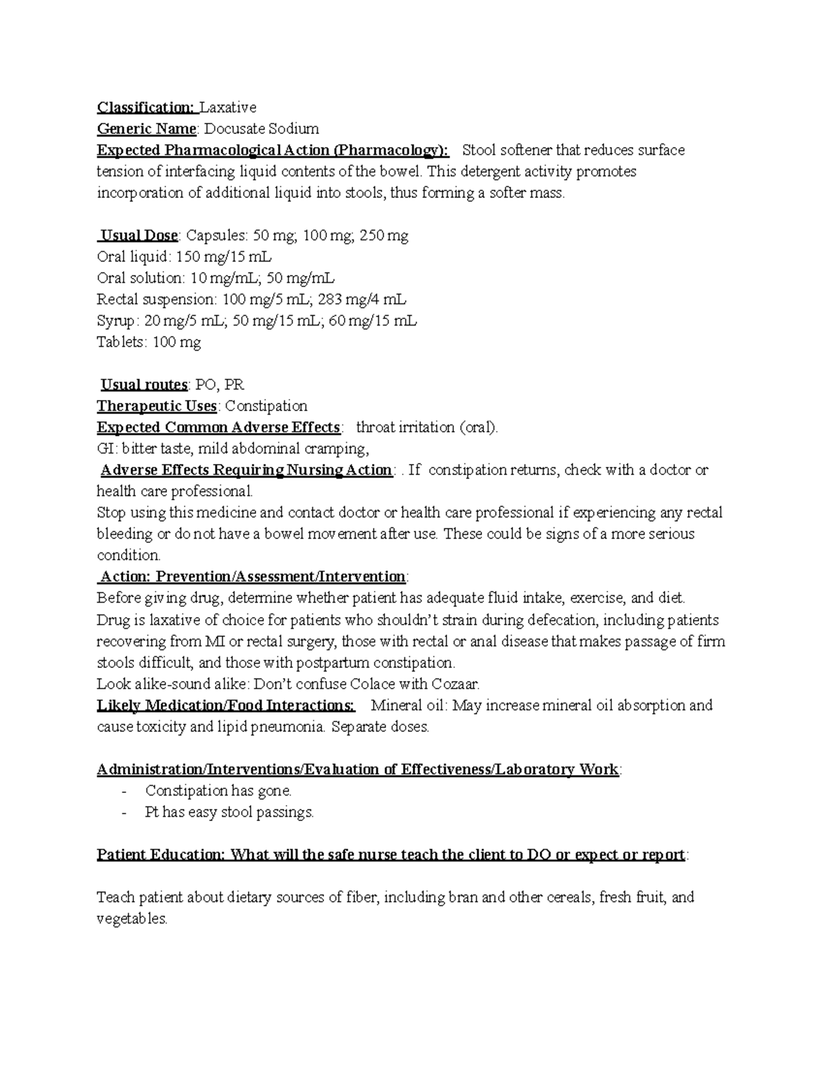 Laxativr Drug Card - Classification: Laxative Generic Name : Docusate ...
