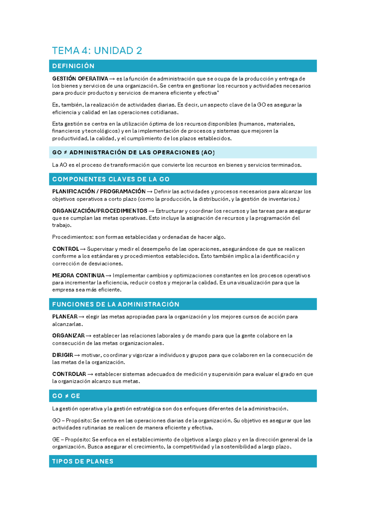 Tema 4 - U2 - apunte - TEMA 4: UNIDAD 2 DEFINICIÓN GESTIÓN OPERATIVA → es la función de - Studocu