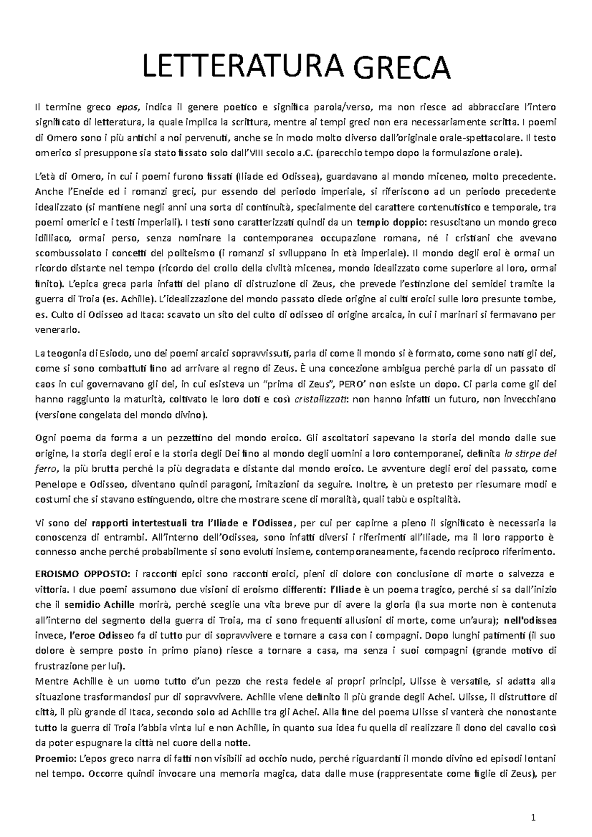 Letteratura greca - Appunti del corso, integrati con i file caricati del professore e pezzi dei ...