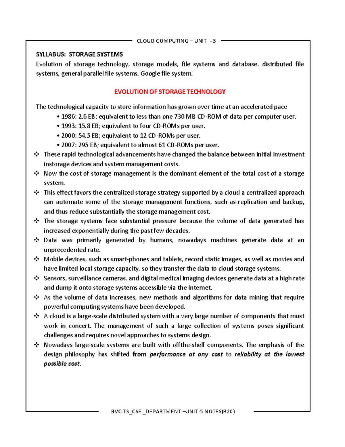 CC-UNIT 5 (R20) - Please - SYLLABUS: STORAGE SYSTEMS Evolution of ...