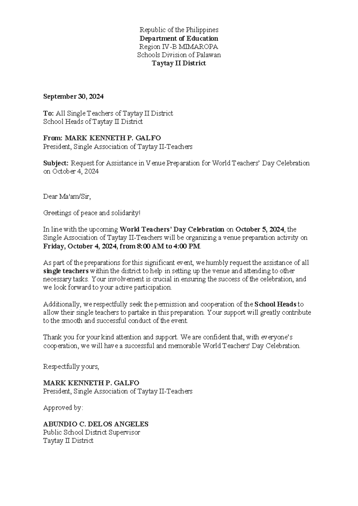 Letter of Request for Teachers Assistant - Republic of the Philippines ...