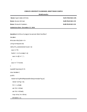Bioinformatics Assignment 02 - ASSIGNMENT: 02 NAME: EEMAN SOOMRO REG NO ...
