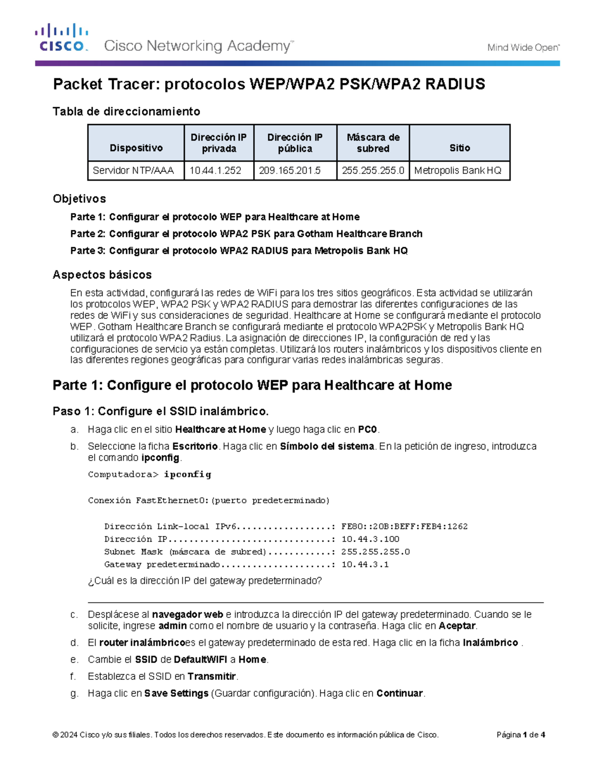 3.3.2.7 Packet Tracer - WEP WPA2 PSK WPA2 Radius - Tabla de ...