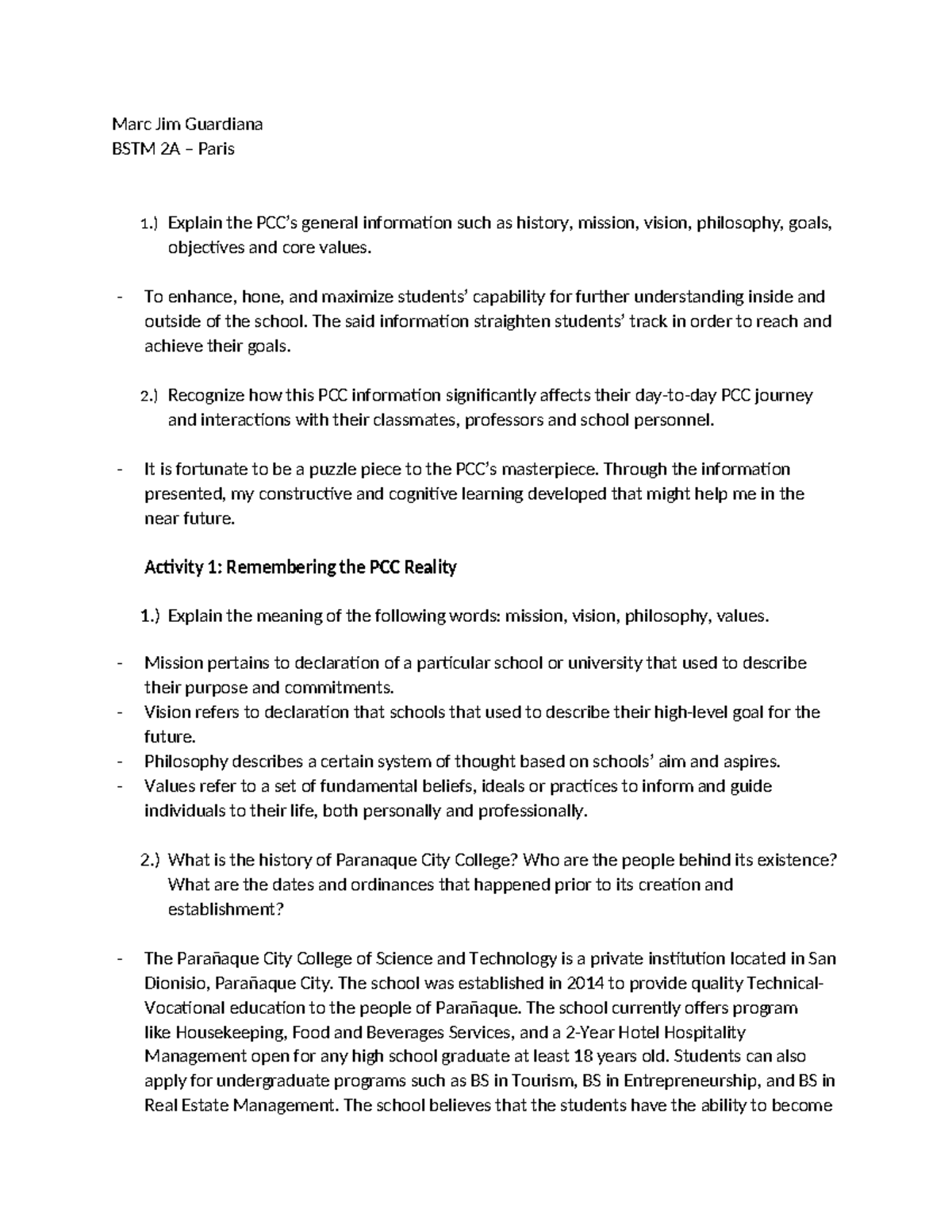 Activity No. 1. Revealing the PCC Reality - Marc Jim Guardiana BSTM 2A ...