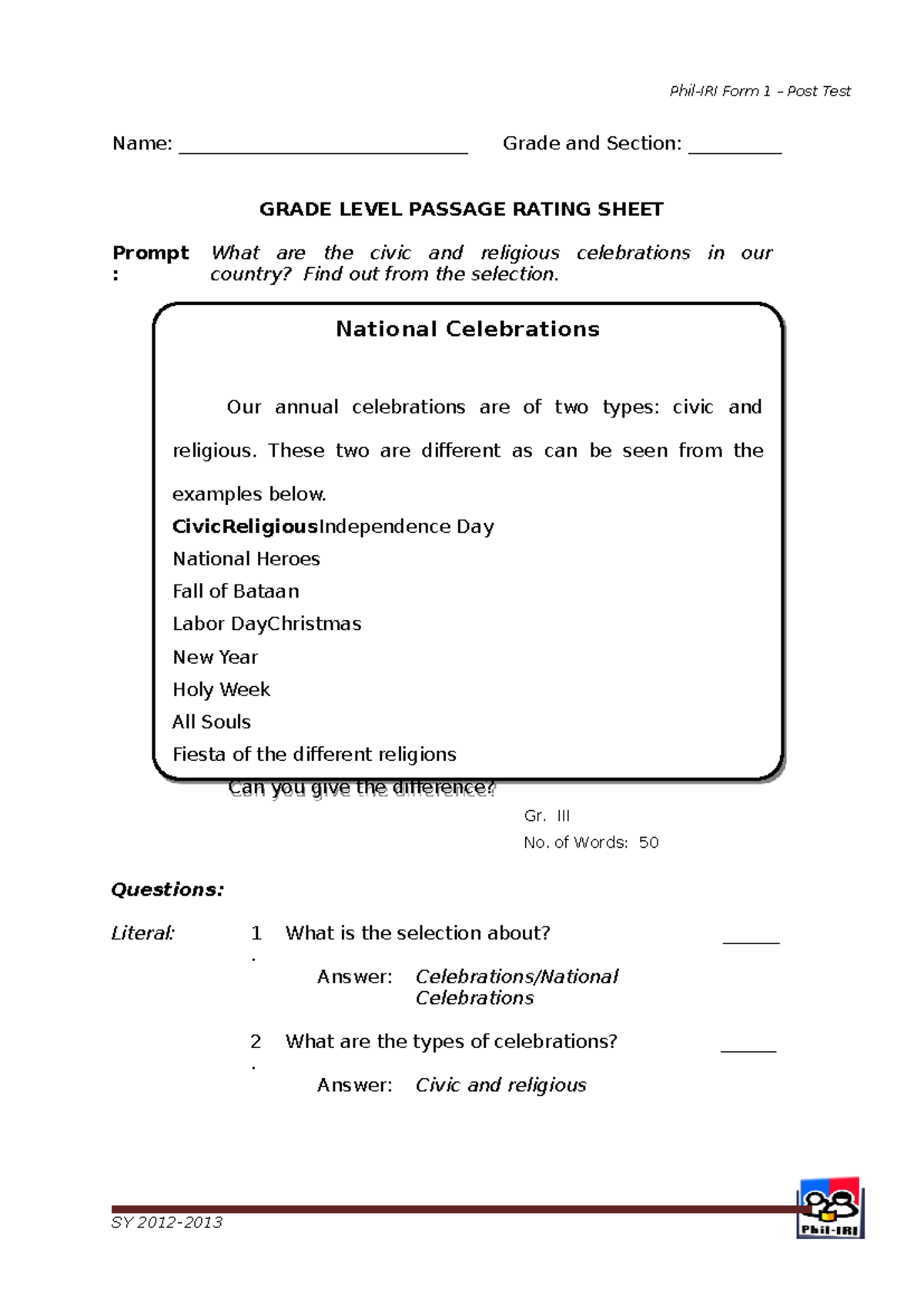 Grade 3. National Celebrations - Name ...