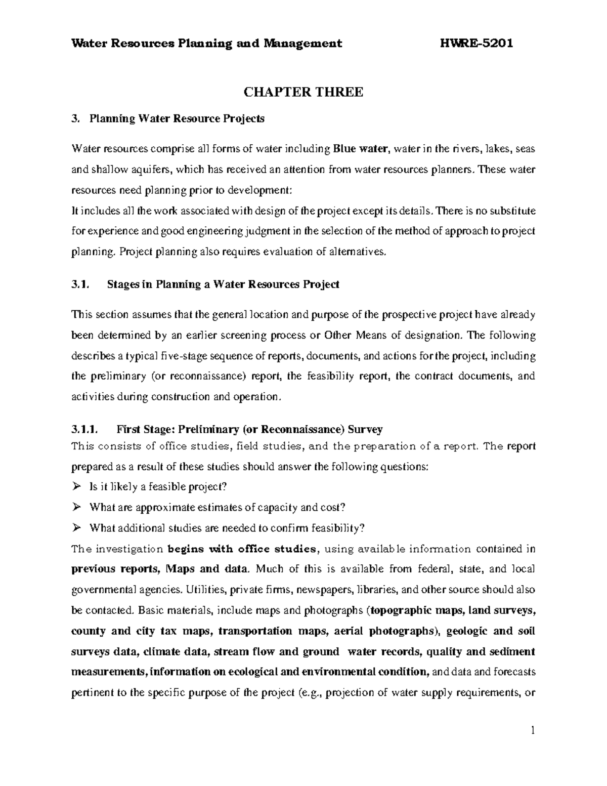 Chapter Three - CHAPTER THREE Planning Water Resource Projects Water ...