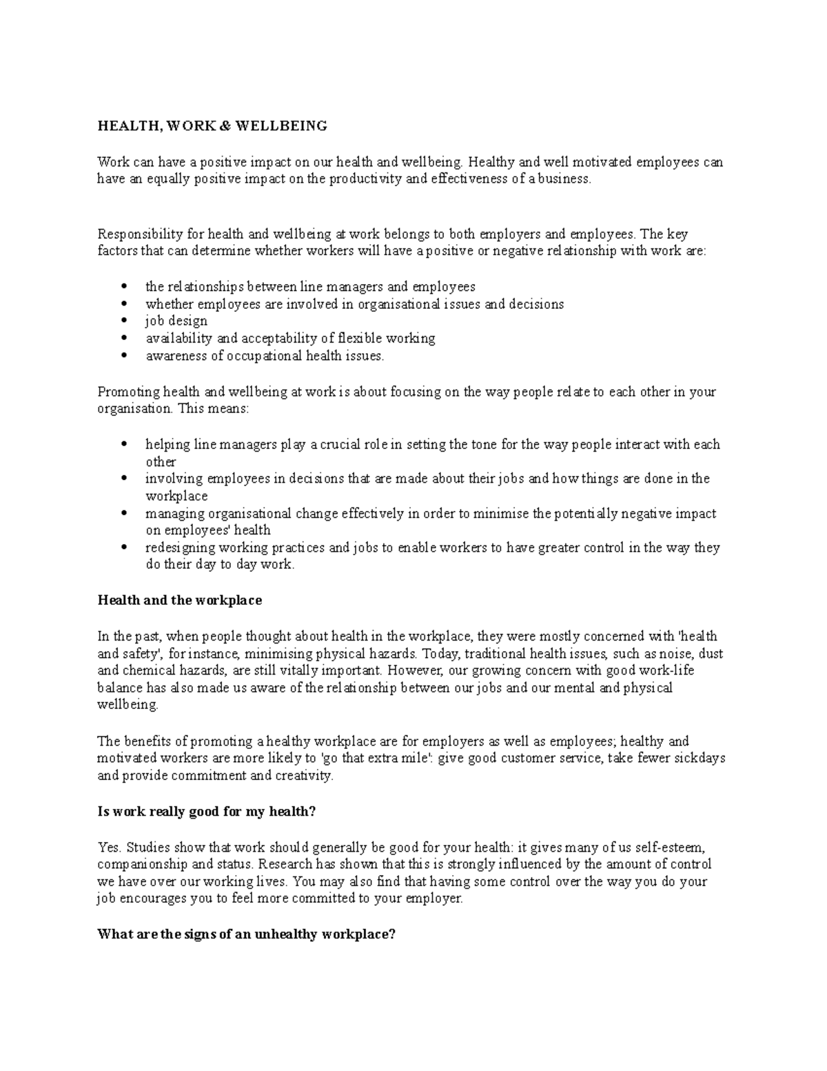 Work & wellbeing - Summary notes - HEALTH, WORK & WELLBEING Work can ...