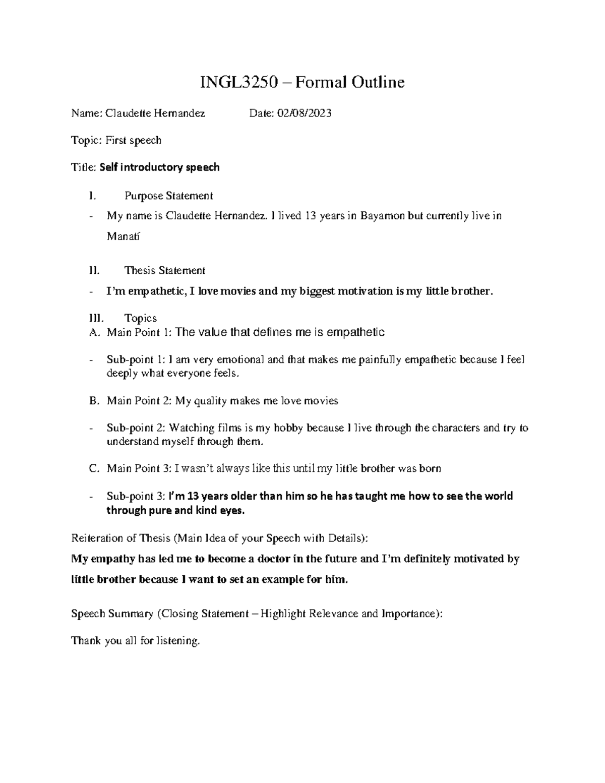 Formal outline - INGL3250 – Formal Outline Name: Claudette Hernandez ...