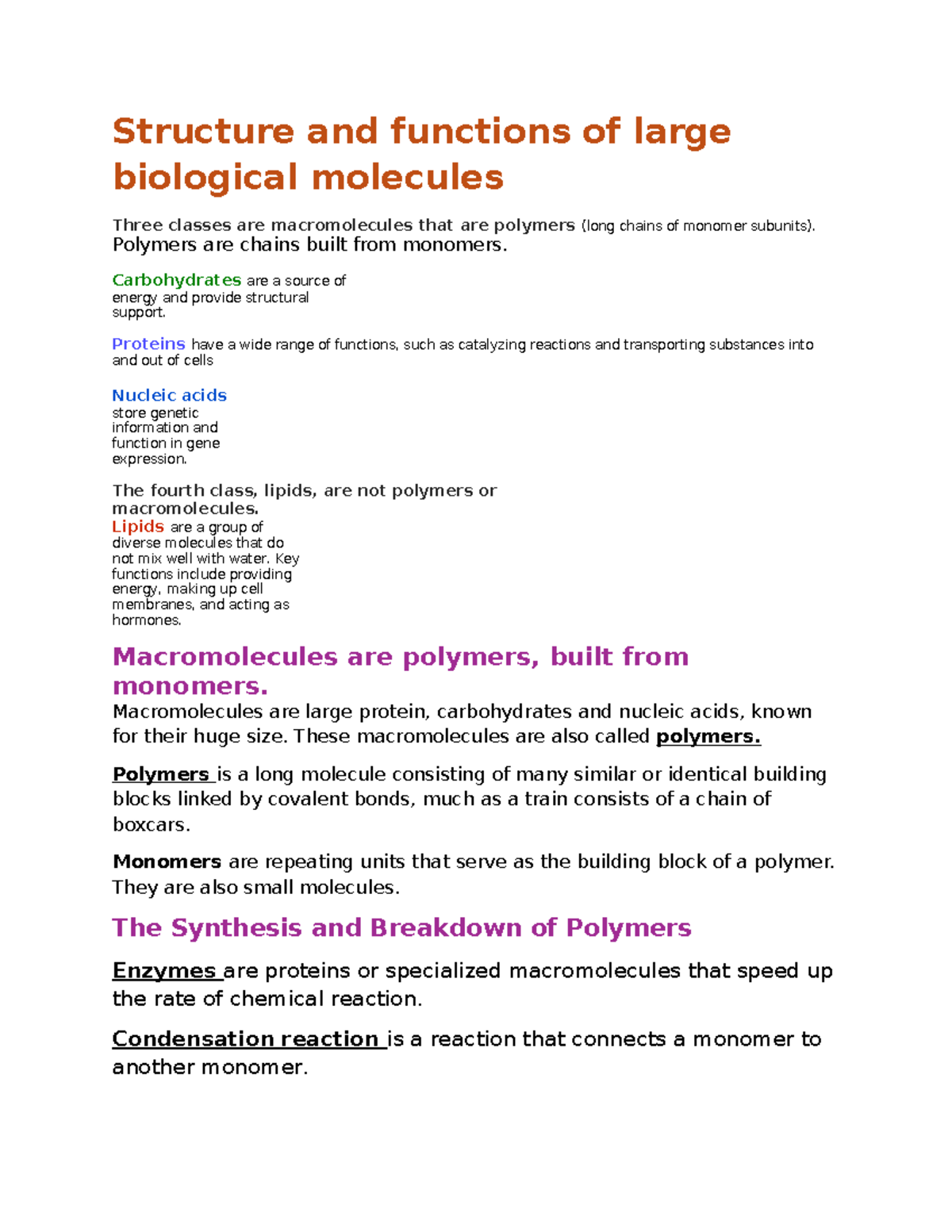 Structure And Functions Of Large Biological Molecules Structure And Functions Of Large