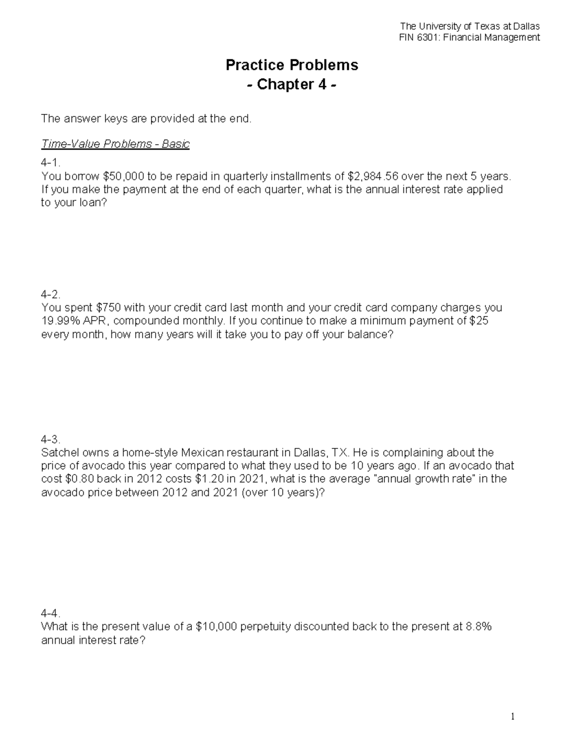 Practice Problems - Chapter 4 - FIN 6301: Financial Management Practice Problems - Chapter 4 ...