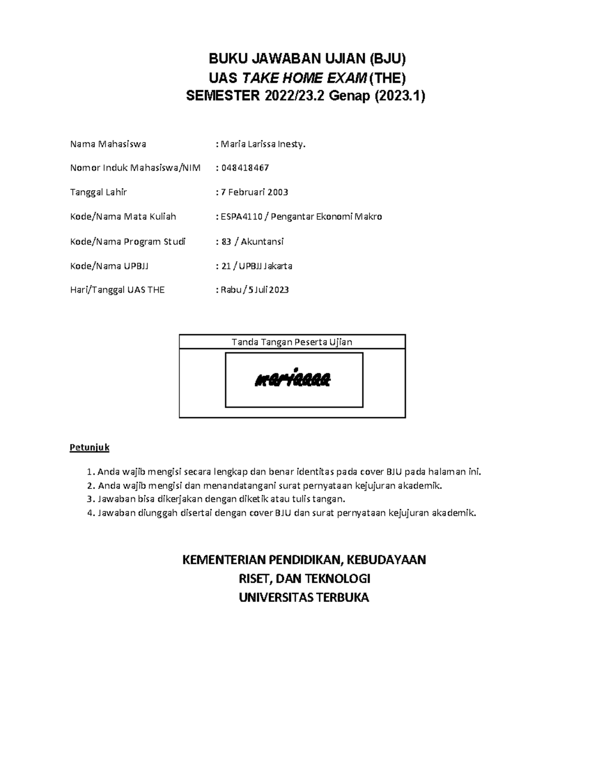 Lembar Jawaban THE ESPA 4110 Maria Larissa Inesty 048418467 - Tanda Tangan Peserta Ujian BUKU ...