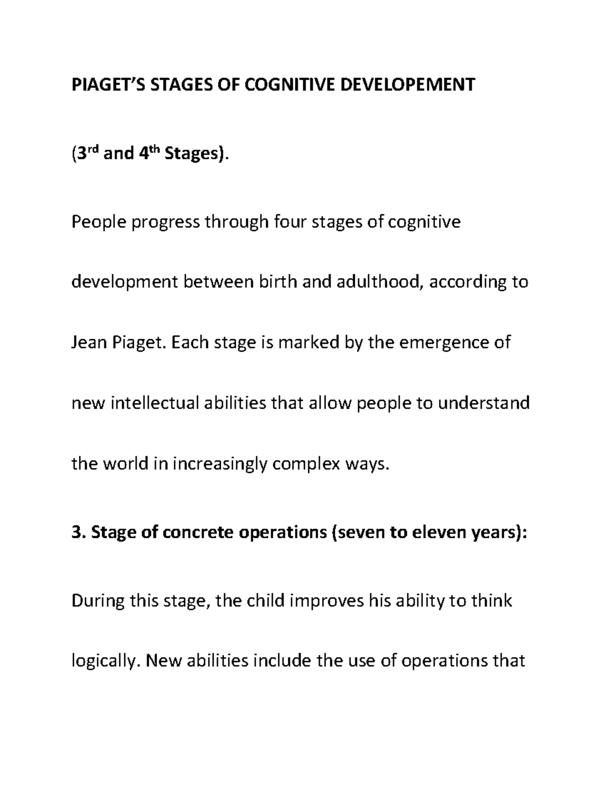 Piagets 3rd and 4th stages of cognitive developement - PIAGET’S STAGES ...