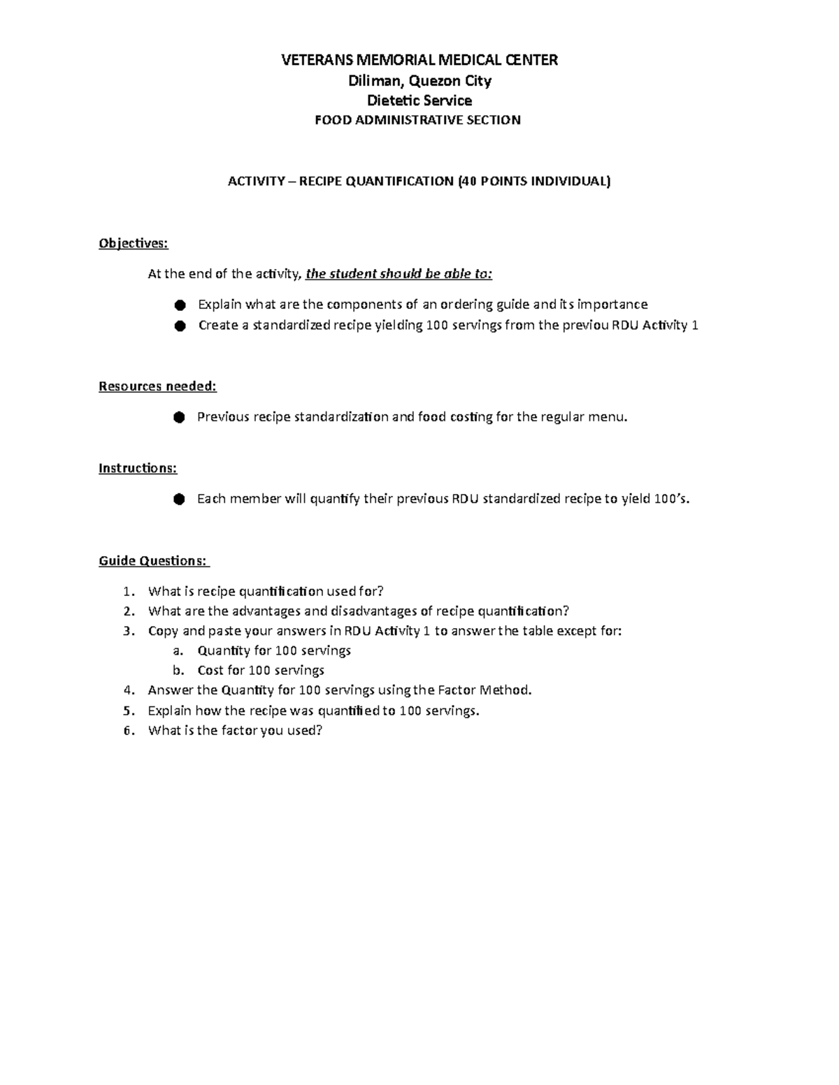 FAS OR ACT 1- Recipe Quantification - Diliman, Quezon City Dietetic ...