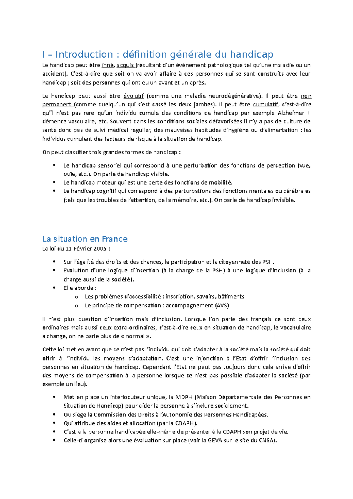 Handicap et vie quotidienne - I – Introduction : définition générale du ...