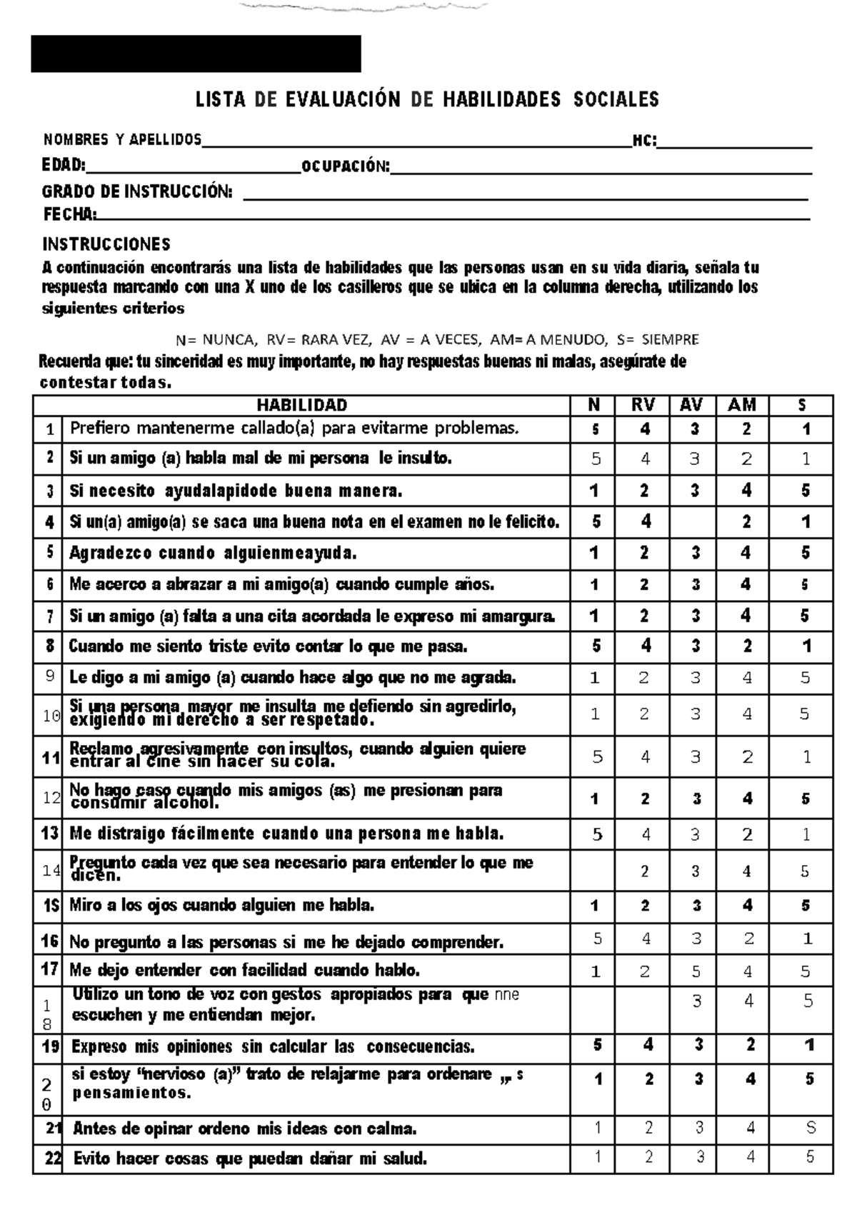 HHSS 12-17 - prueba de habilidades sociales - LISTA DE EVALUACIÓN DE ...