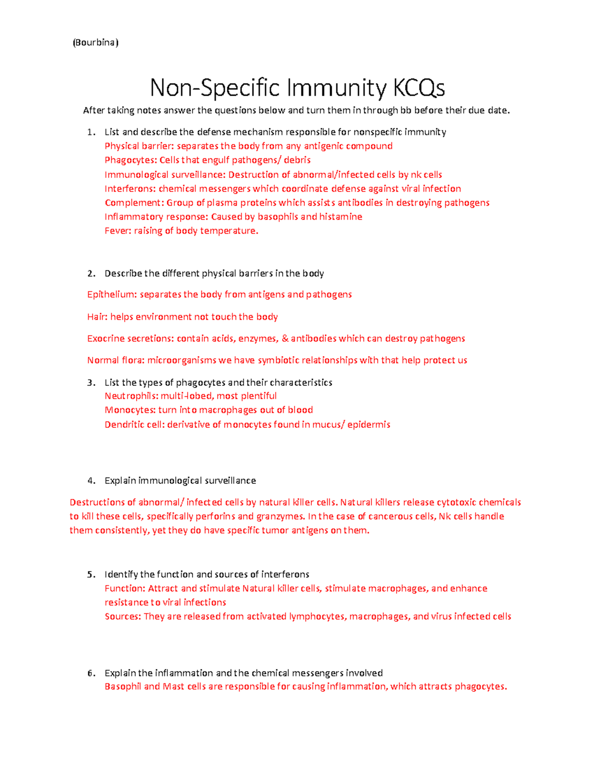 Non-specific Immunity Study Guide - (Bourbina) Non-Specific Immunity ...