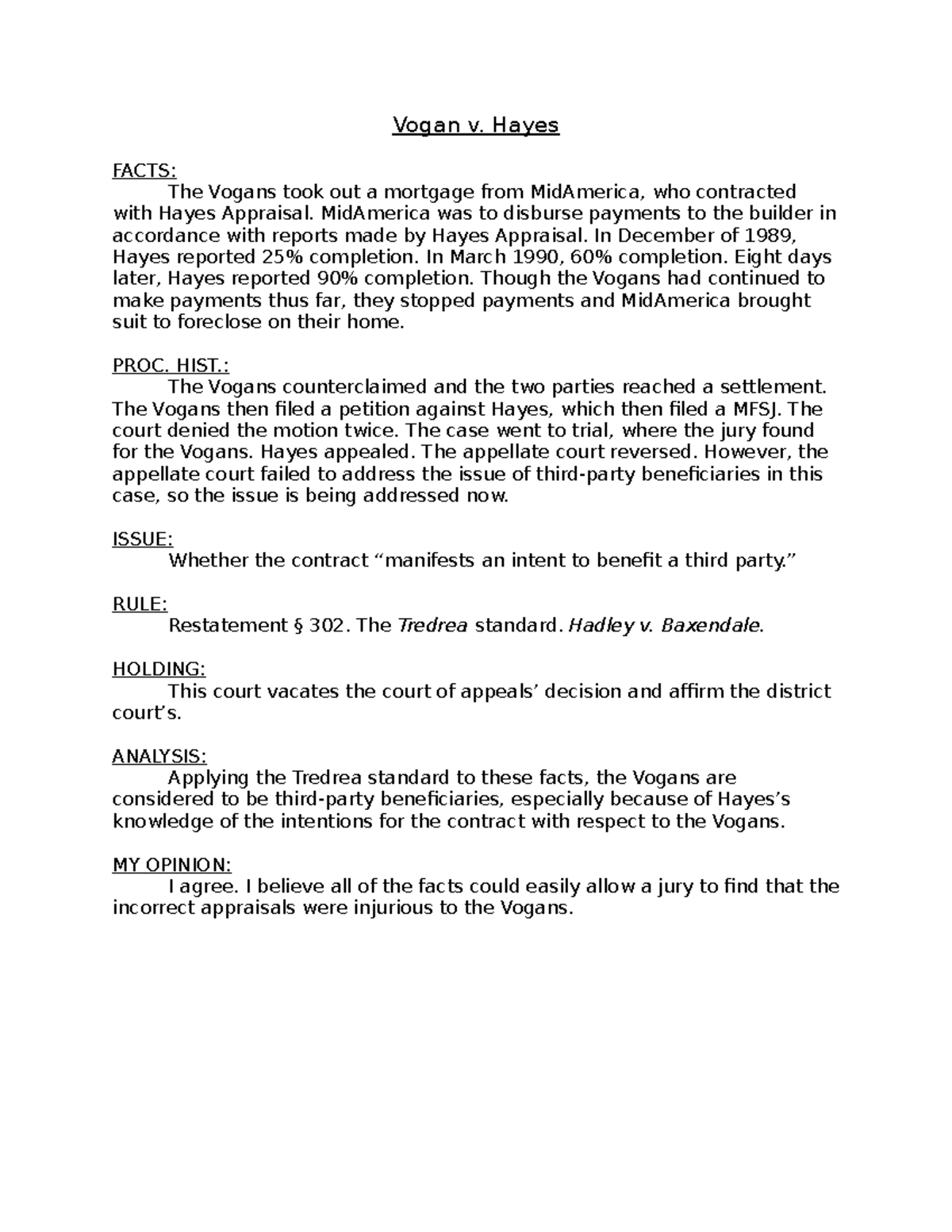 Vogan v. Hayes - Case brief - Vogan v. Hayes FACTS: The Vogans took out ...