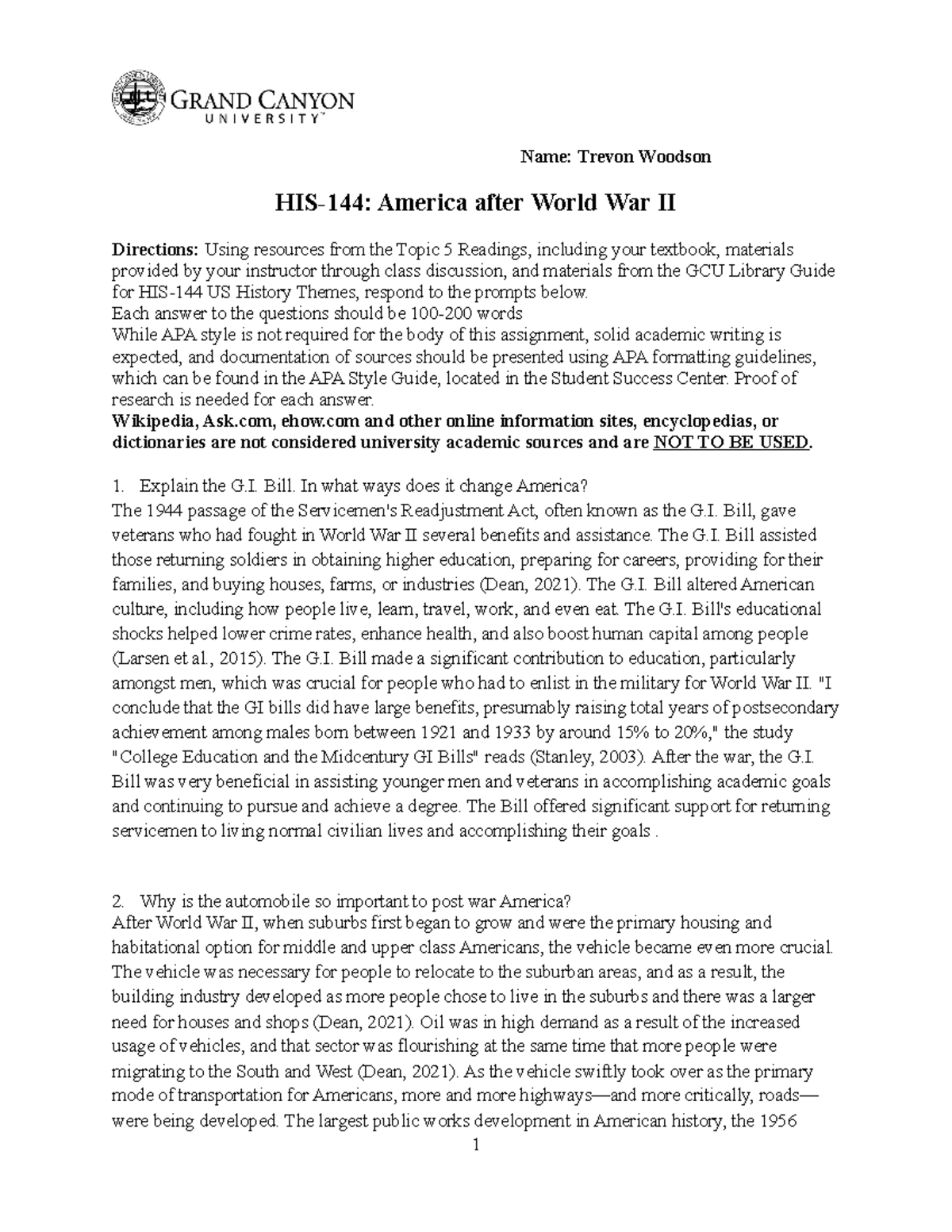 America after WWII Worksheet - Name: Trevon Woodson HIS-144: America ...