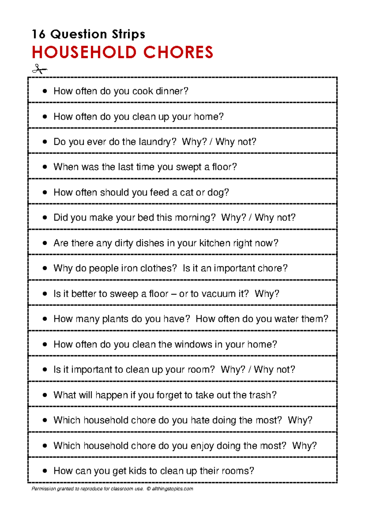 16qs-householdchores - 16 Question Strips HOUSEHOLD CHORES How often do ...