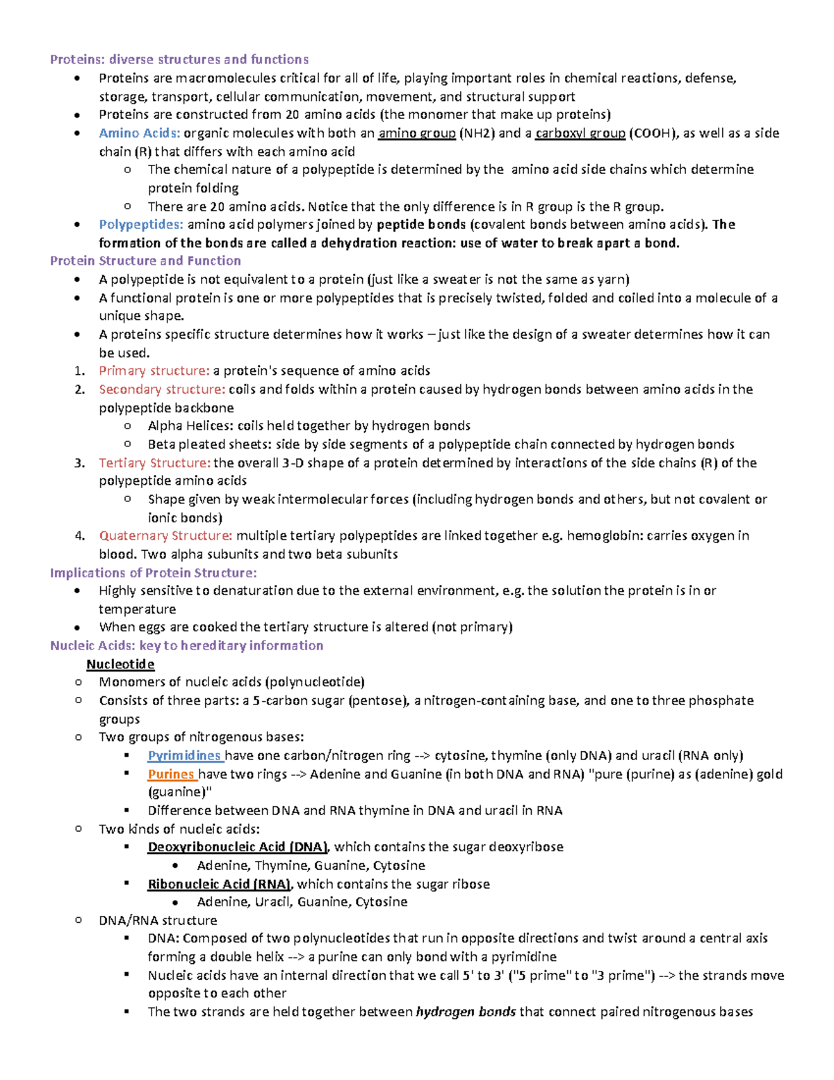 Lecture 7 notes - Proteins: diverse structures and functions • Proteins ...