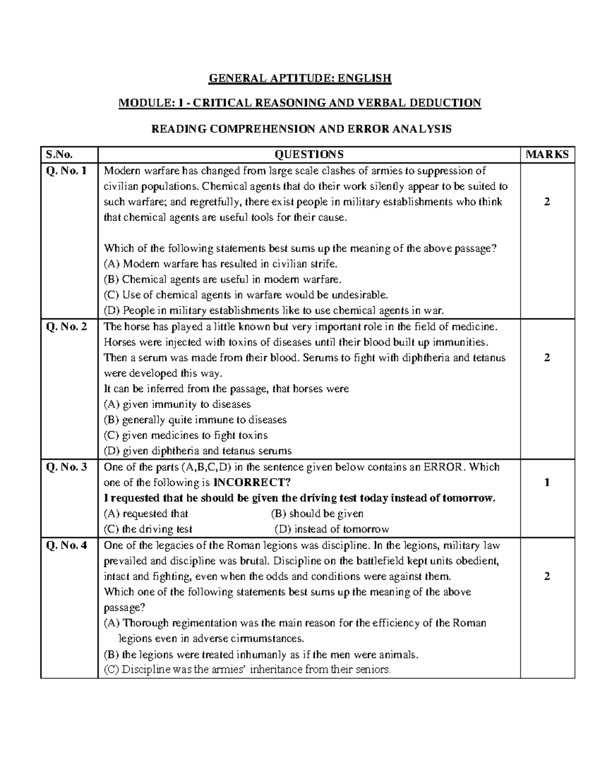 Worksheet 1 Reading Comprehension and Error Analysis - GENERAL APTITUDE ...