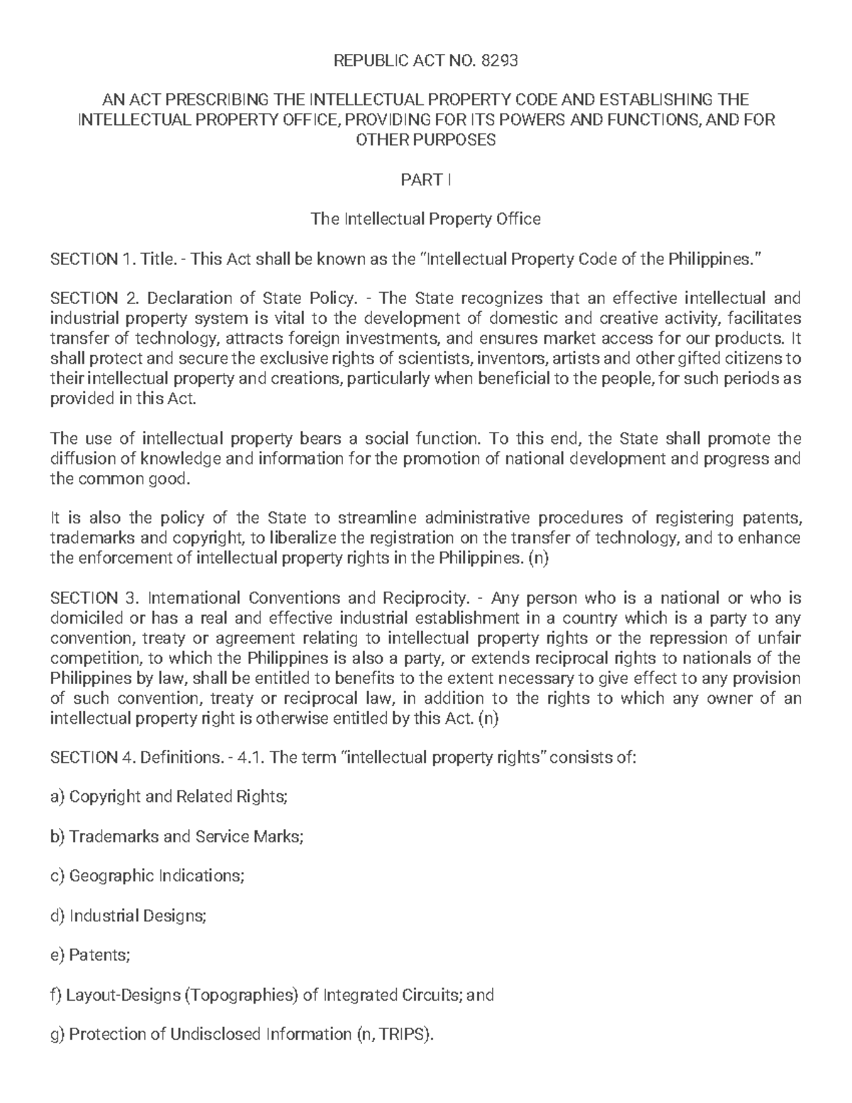 Notes for RA 8293 IP - REPUBLIC ACT NO. 8293 AN ACT PRESCRIBING THE ...