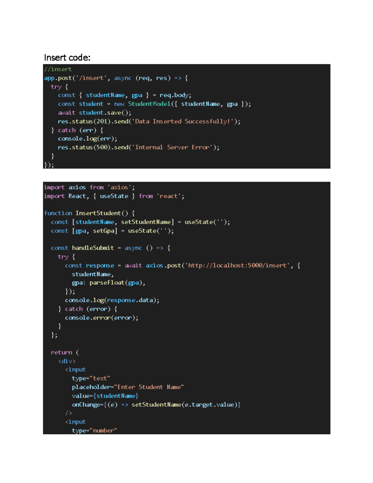 Crud Operations - Insert code: //insert app('/insert', async (req, res ...