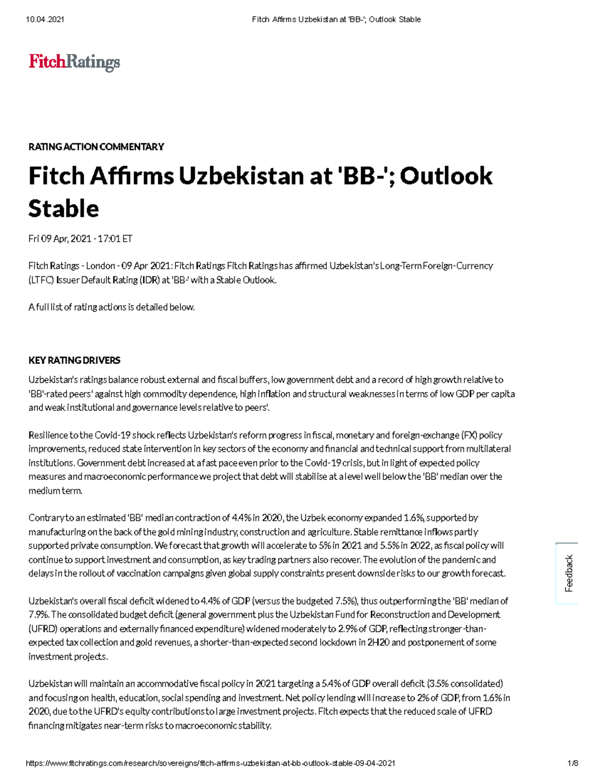 Fitch Affirms Uzbekistan at 'BB-'; Outlook Stable - RATING ACTION COMMENTARY Fitch Afrms ...
