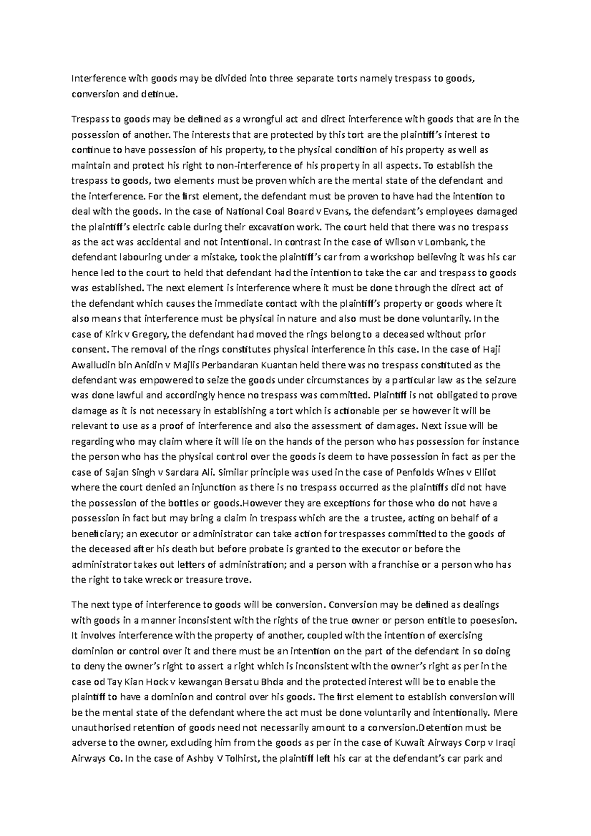 Tresspass to goods essay - Interference with goods may be divided into ...