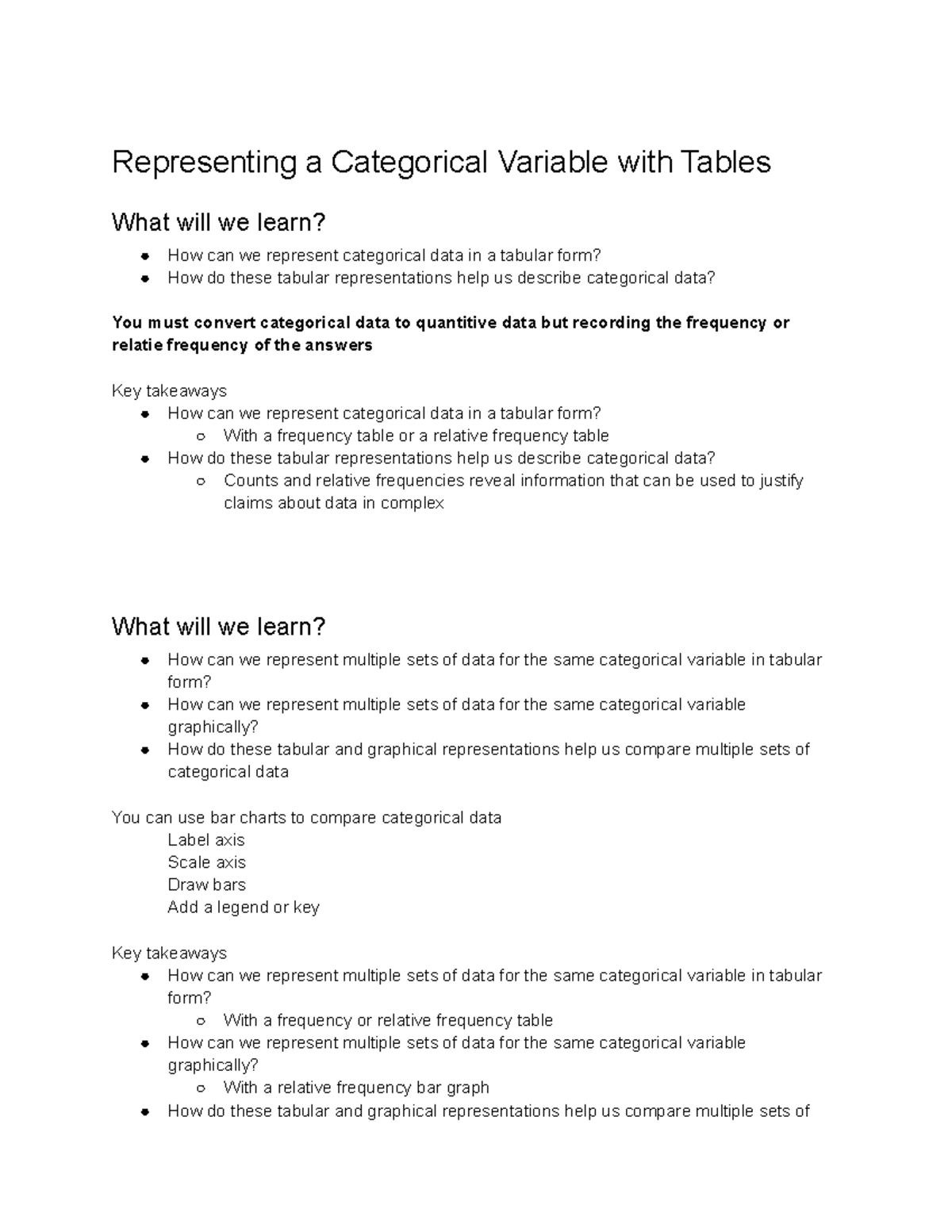 notes for statistics - Representing a Categorical Variable with Tables ...