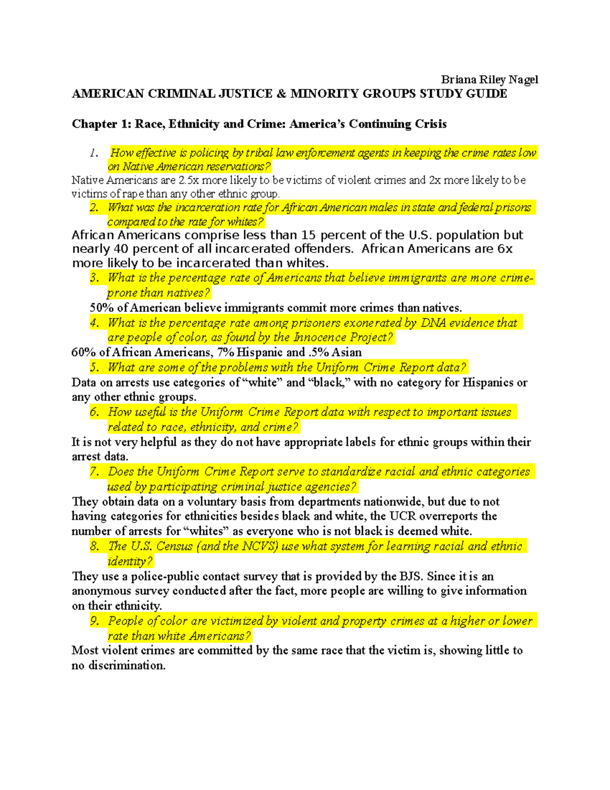 CRJ 117 Study Guide Chapter 1 Race Ethnicity and Crime America's ...