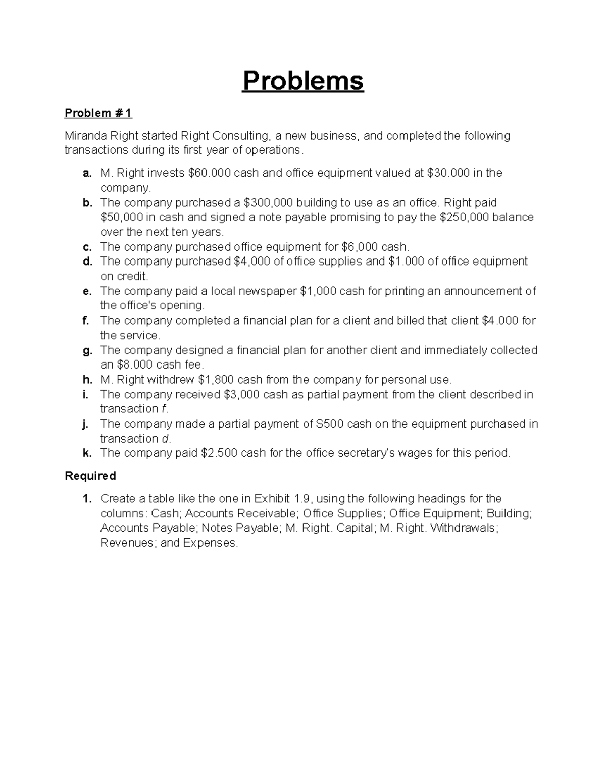 Financial Accounting - Problems Problem # 1 Miranda Right started Right ...