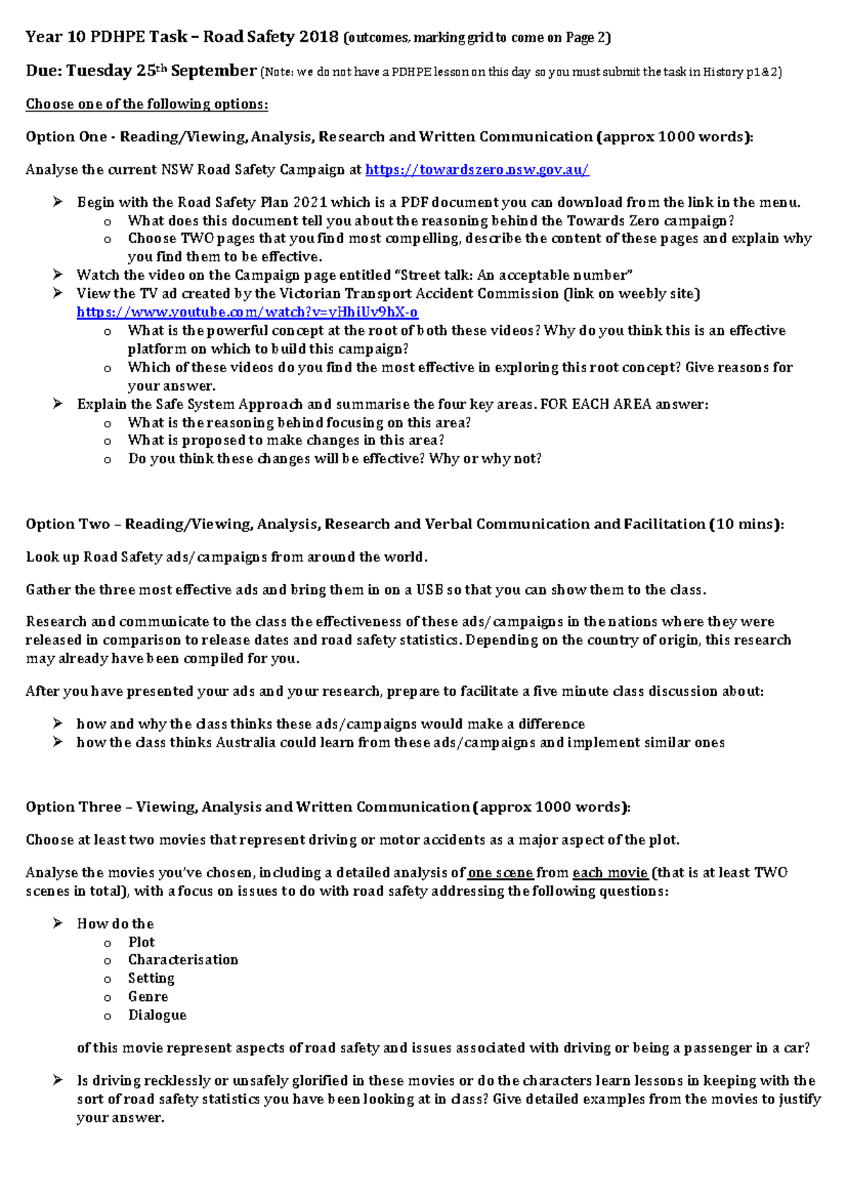 Year 10 pdhpe task – road saftey - Year 10 PDHPE Task – Road Safety ...
