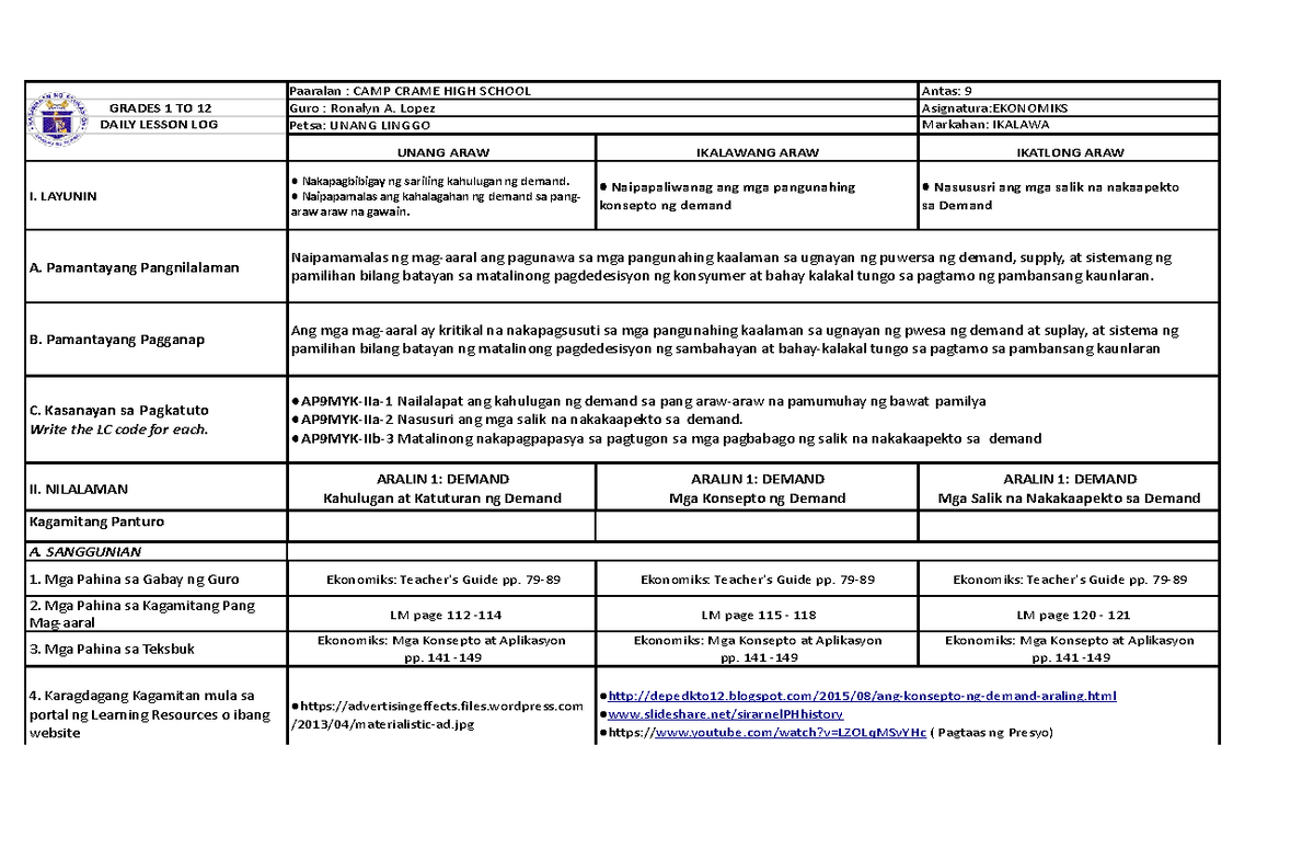 Daily Lesson Log for AP9 - Paaralan : CAMP CRAME HIGH SCHOOL Antas: 9 ...
