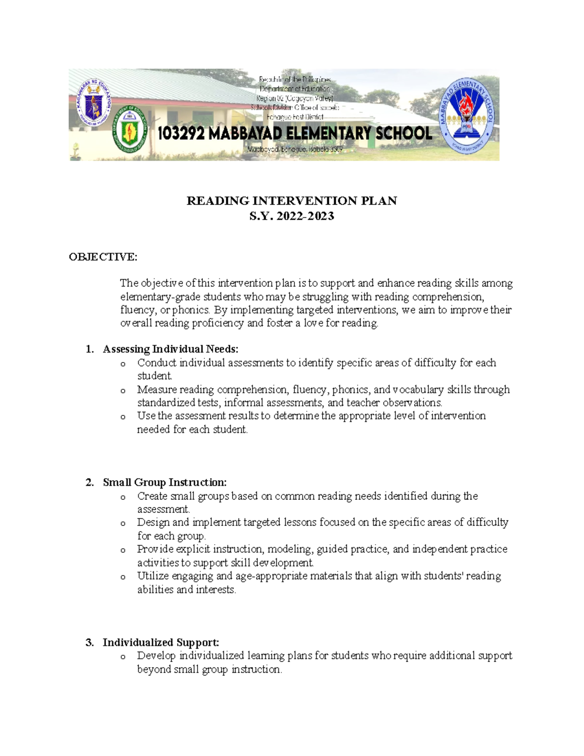 Reading Intervention PLAN - READING INTERVENTION PLAN S. 2022 ...