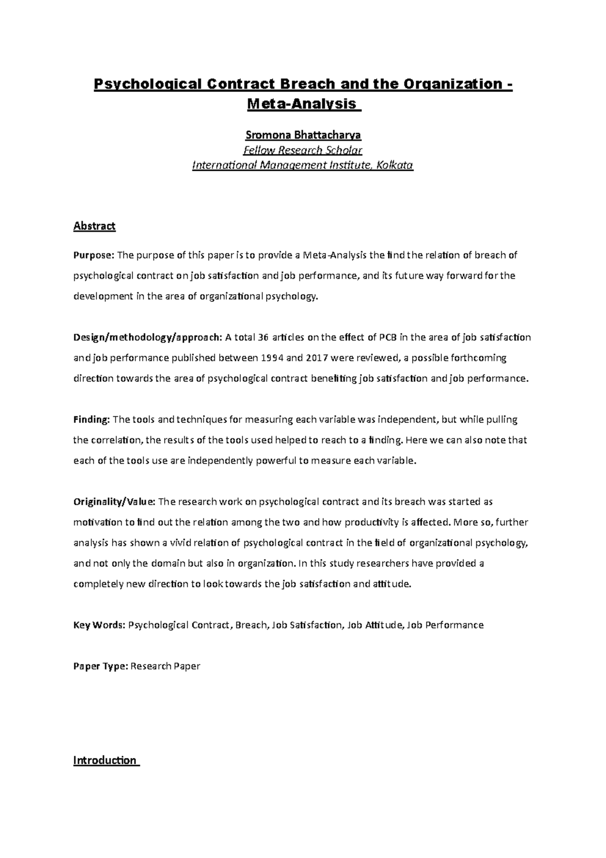 Psychological Contract Breach and the Organization - Meta-Analysis ...