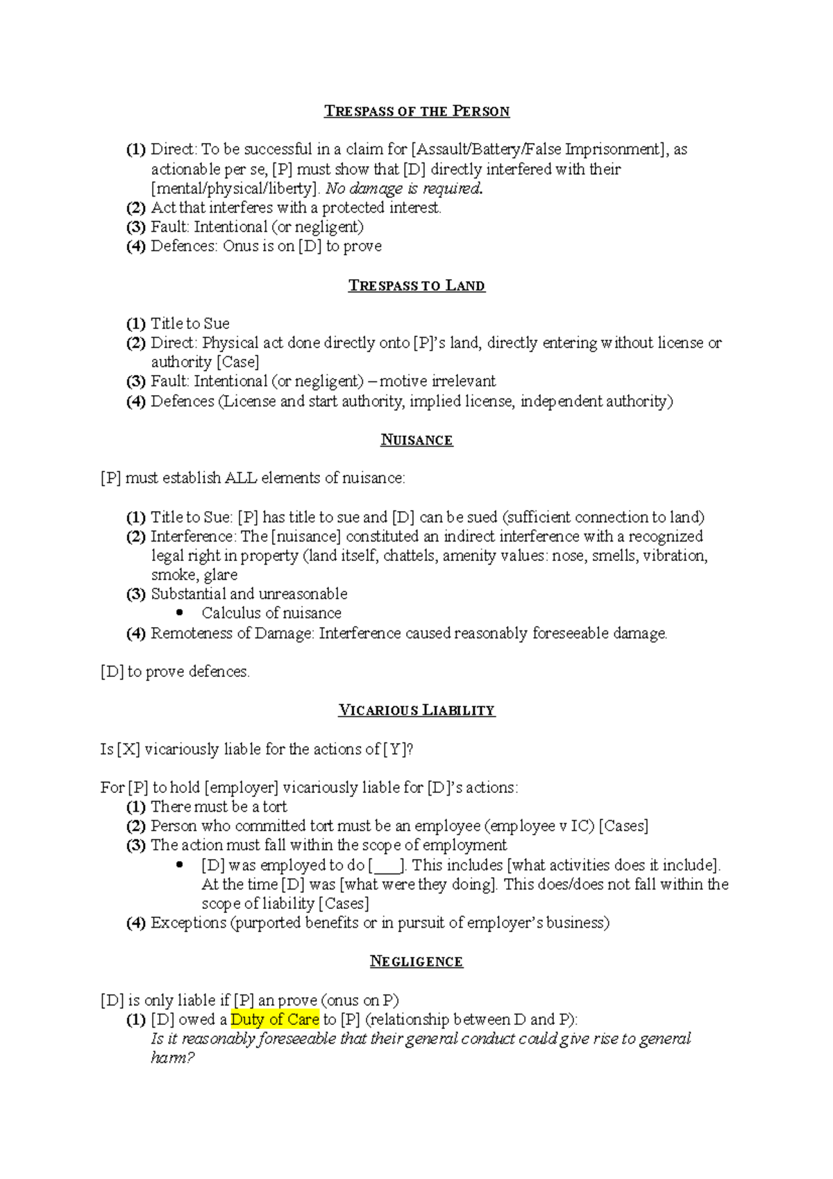 General torts structure - TRESPASS OF THE PERSON (1) Direct: To be ...