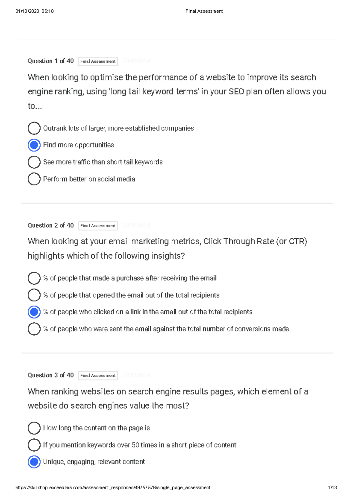 Final Assessment answers - Question 1 of 40 Final Assessment 20485864 Question 2 of 40 Final ...
