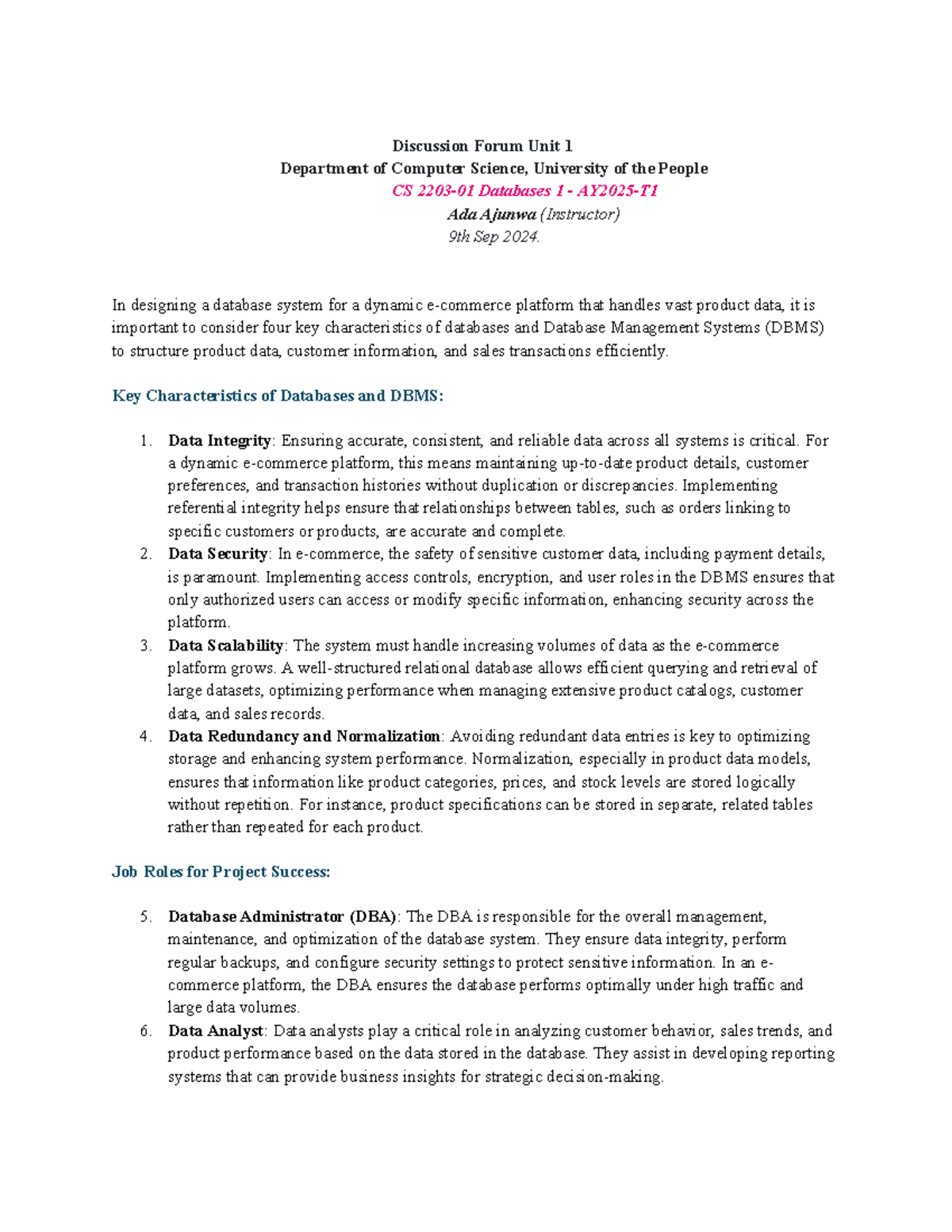 Discussion Forum Unit 1 For Databases 1 - Discussion Forum Unit 1 Department of Computer Science ...