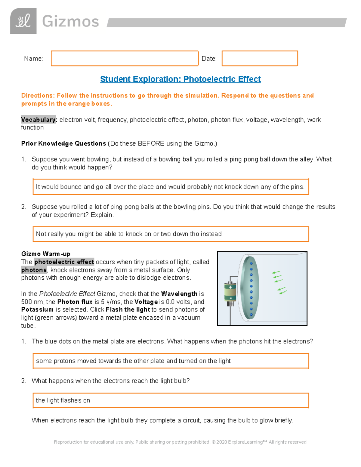 Copy of Copy of Gizmo Photoelectric Effect SE - Name: Date: Student ...