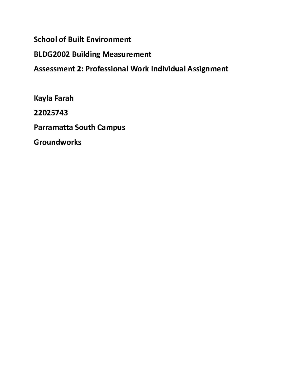 Building measument Assessment 2 - School of Built Environment BLDG2002 ...